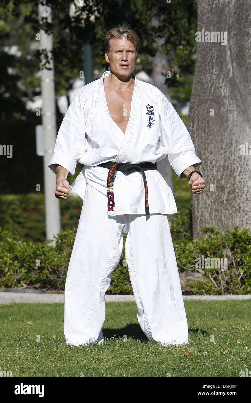 Dolph Lundgren practicing martial arts at a park in Beverly Hills ...