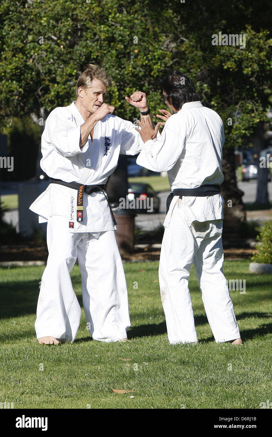 Dolph Lundgren practicing martial arts at a park in Beverly Hills ...