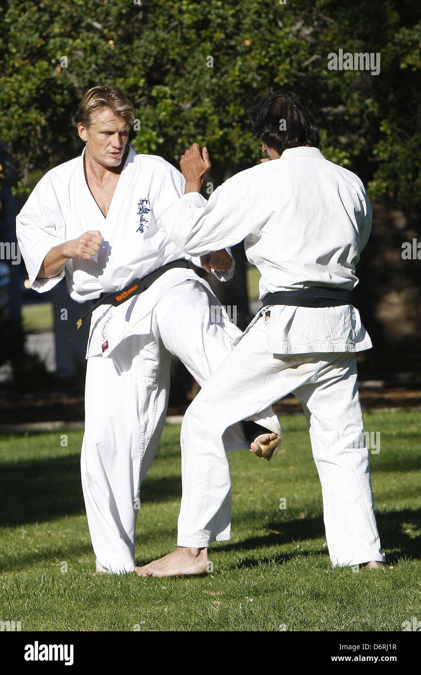 Dolph Lundgren practicing martial arts at a park in Beverly Hills ...