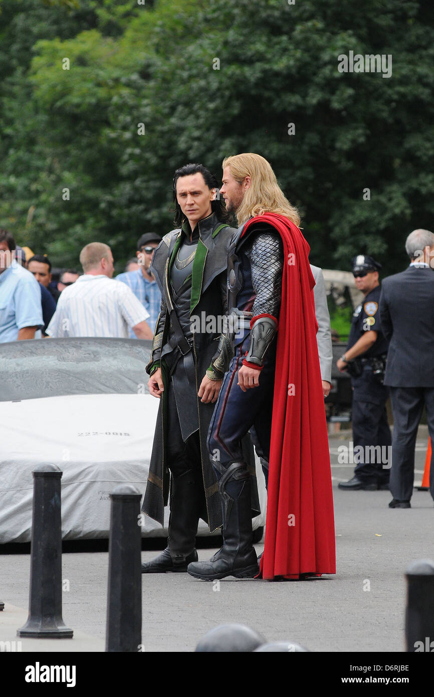 Tom Hiddleston and Chrid Hemsworth on the film set of 'The Avengers ...