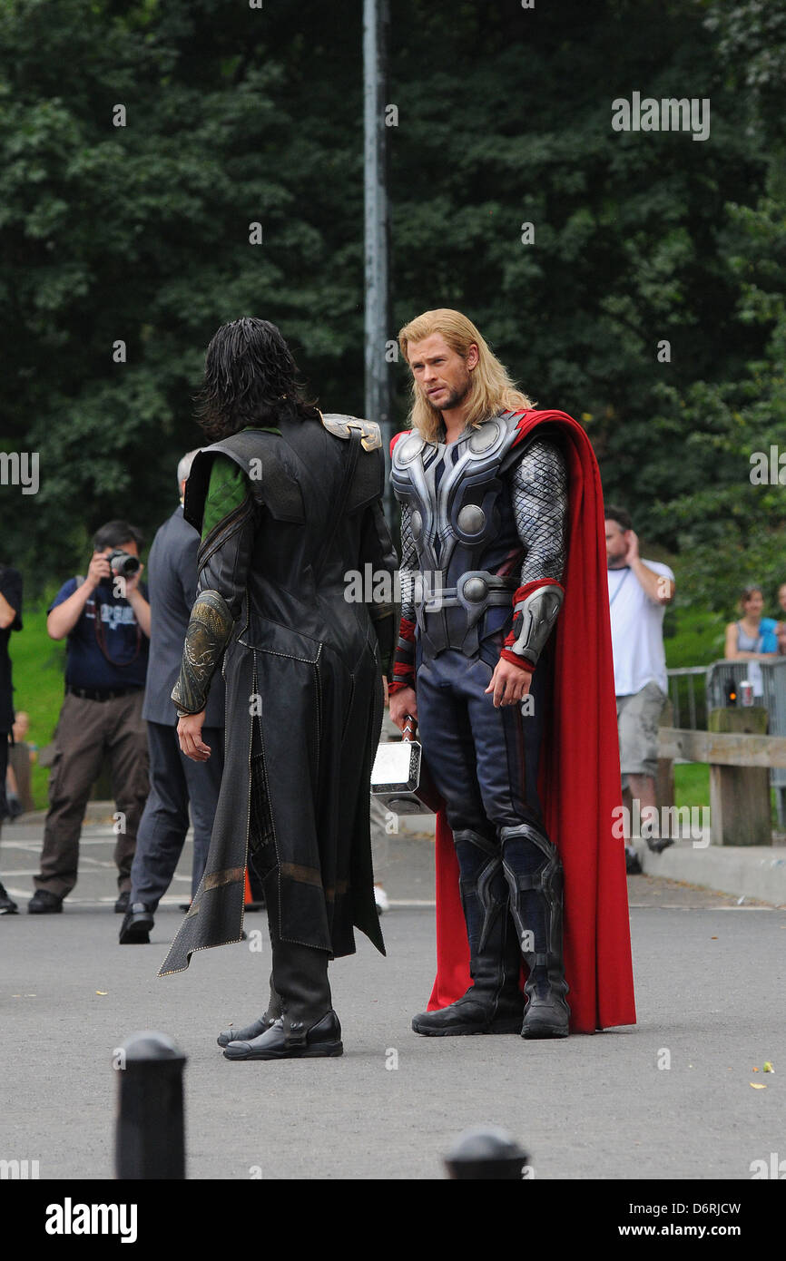 Tom Hiddleston and Chrid Hemsworth on the film set of 'The Avengers ...