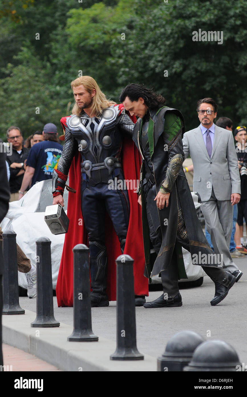 Tom Hiddleston and Chrid Hemsworth on the film set of 'The Avengers ...