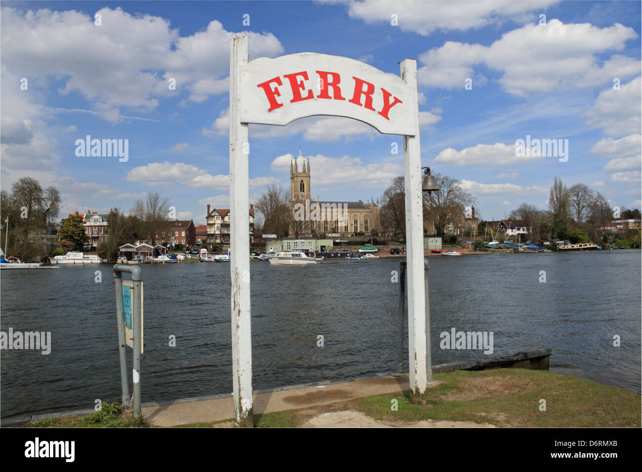 Ferry, Bell Inn and St Mary's church, Hampton, East Molesey, Surrey ...