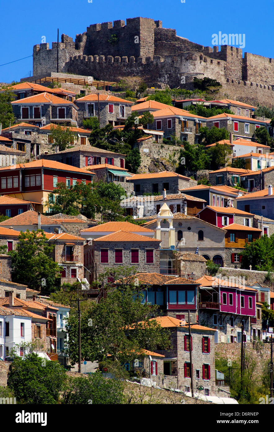 Greece, Aegean Sea, Lesvos Island, Molivos, Townscape with castle on ...