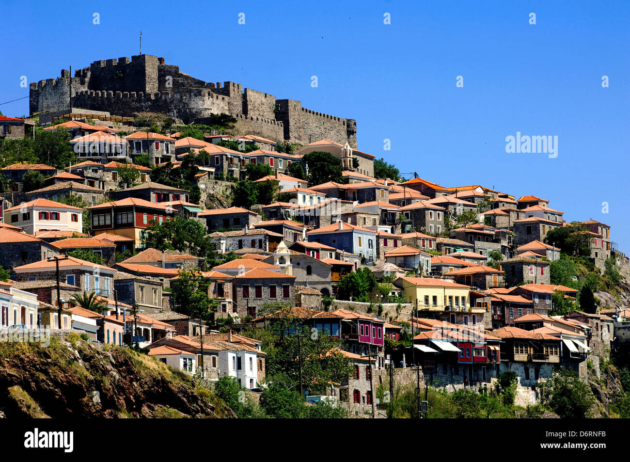 Greece, Aegean Sea, Lesvos Island, Molivos, Townscape with castle on ...