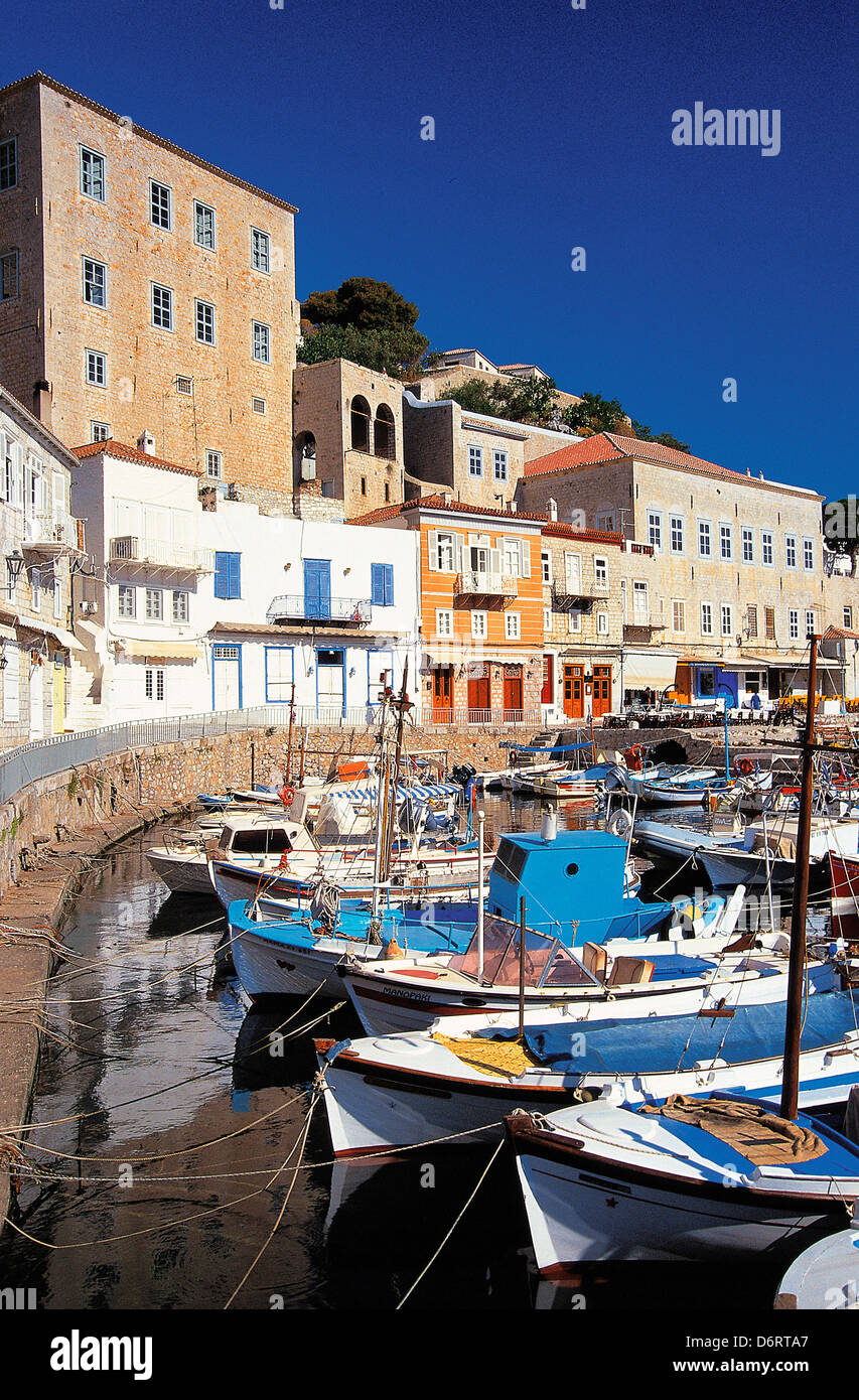 Greece, Saronikos, Argosaronikos, Ydra, Boats in harbour Stock Photo ...