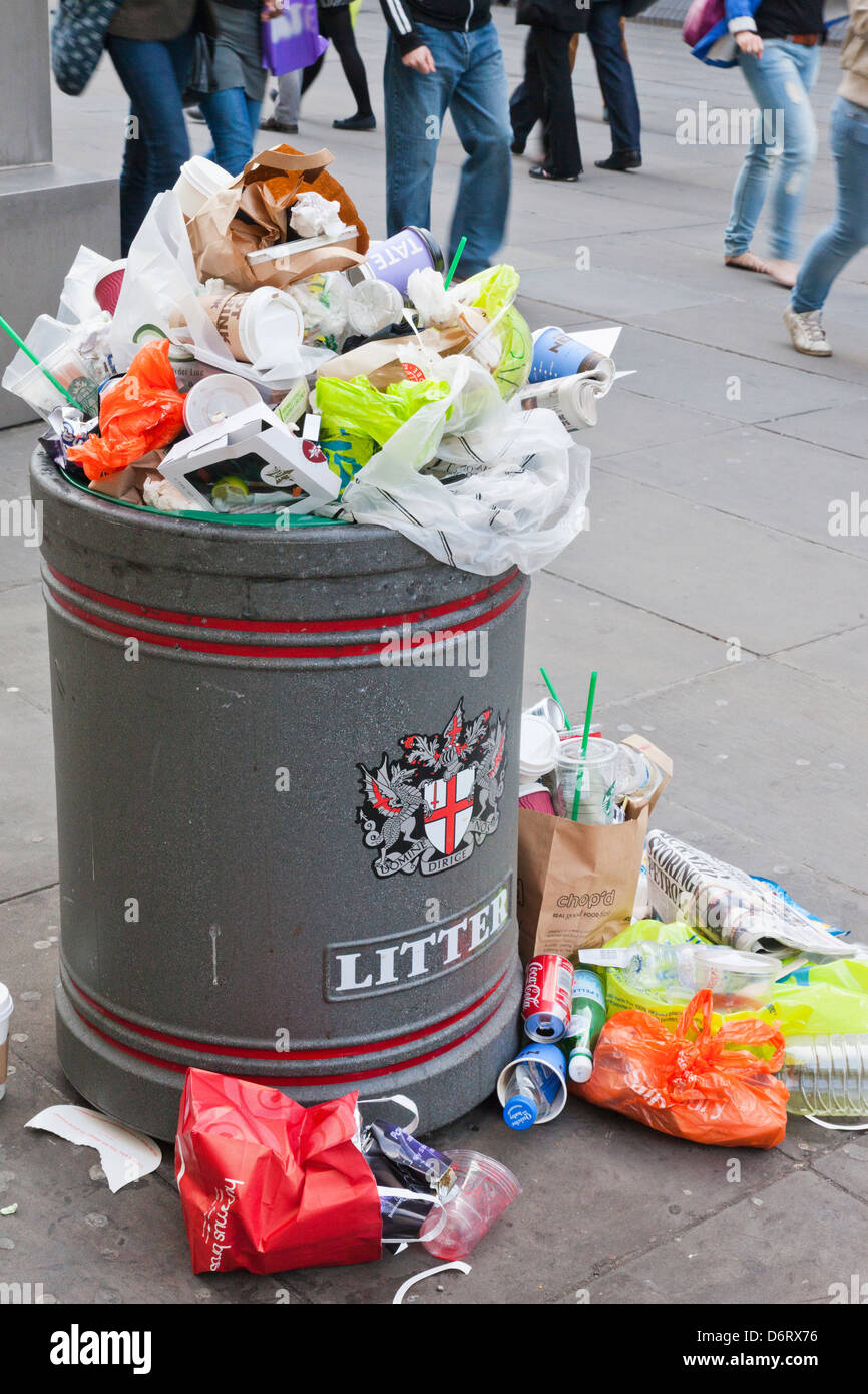UK, London, City of London, Overflowing Public Litter Bin near St. Paul ...
