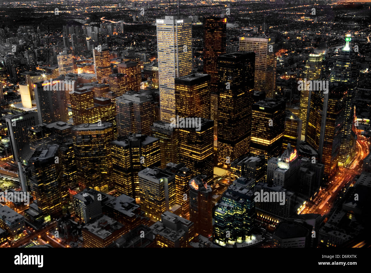 A night view into the heart of the financial district in Toronto ...