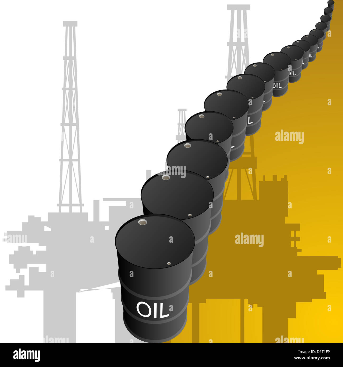 A number of barrels of oil on the background of oil rigs. Illustration ...