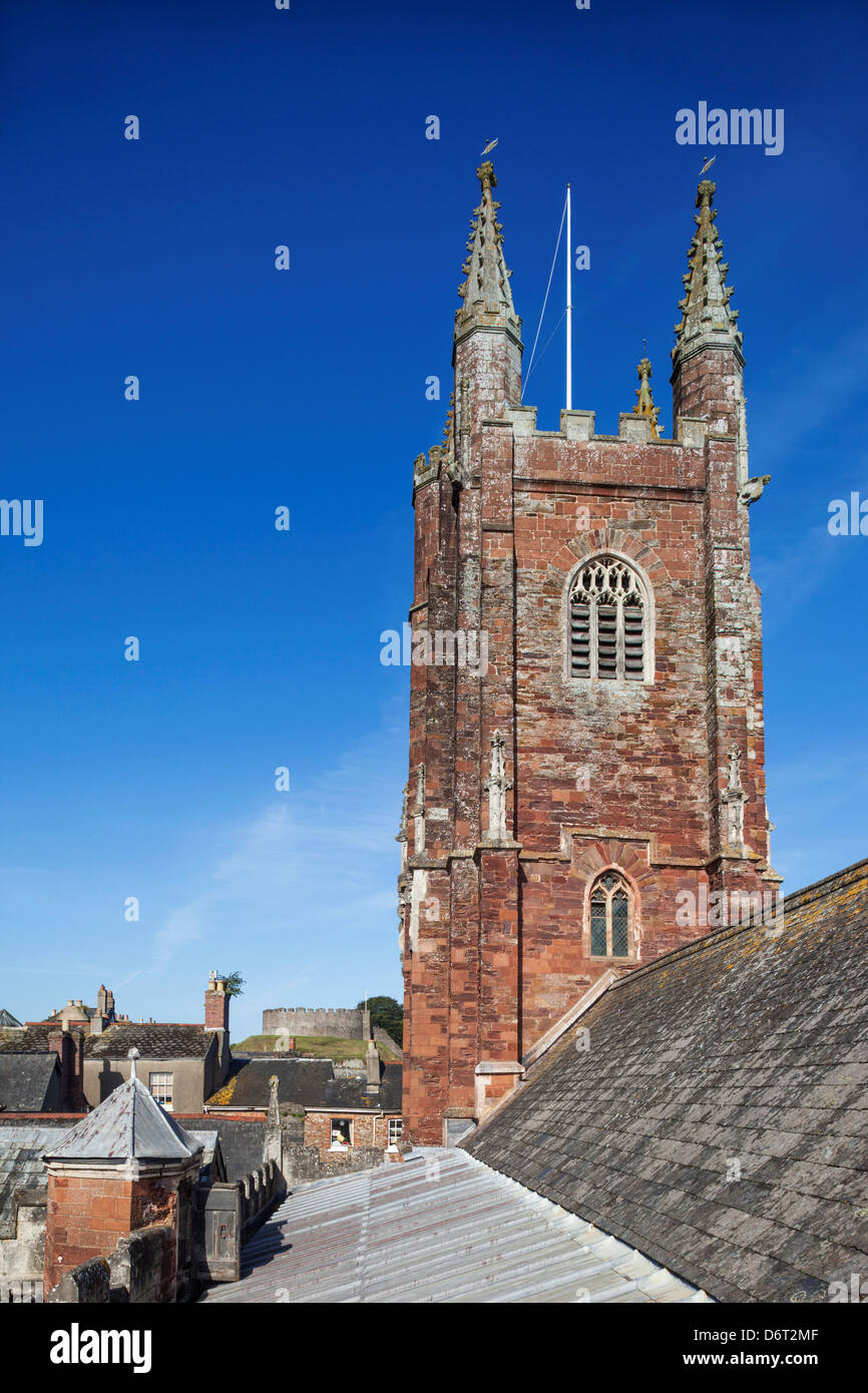 UK, England, Devon, Totnes, St Mary's Church and Totnes Castle Stock ...