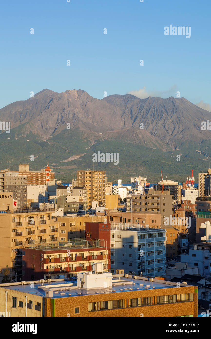 Japan, Kyushu, Kagoshima, Kagoshima City Skyline and Sakurajima Volcano ...