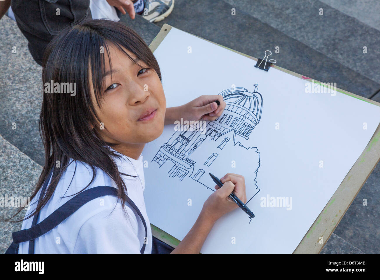 Japan, Kyushu, Hiroshima, Peace Memorial Park, School Girl Drawing the ...