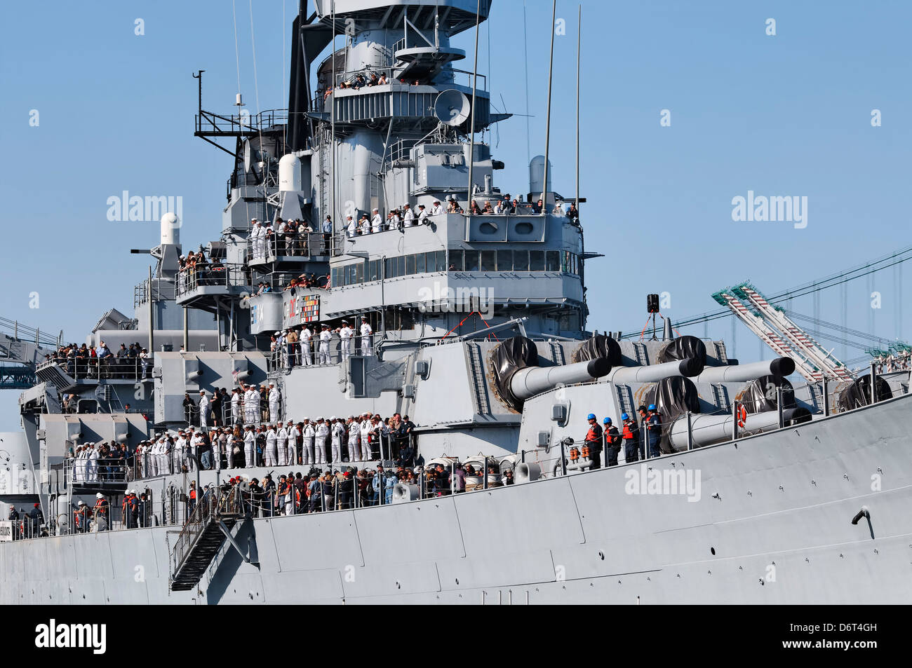 USA, California, San Pedro, Port of Los Angeles, USS Iowa with decks at ...