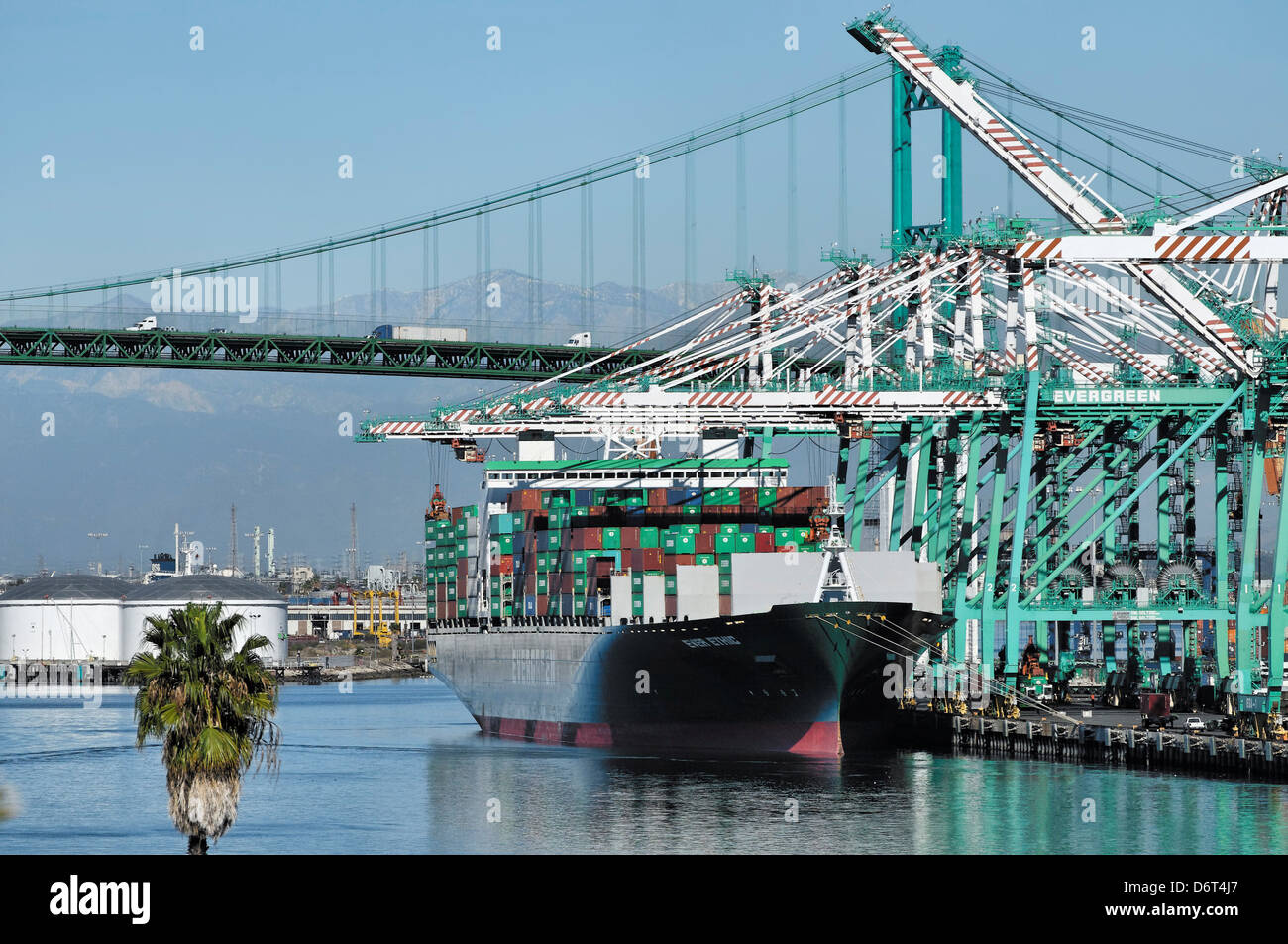 USA California San Pedro Container ship docked along main channel ...