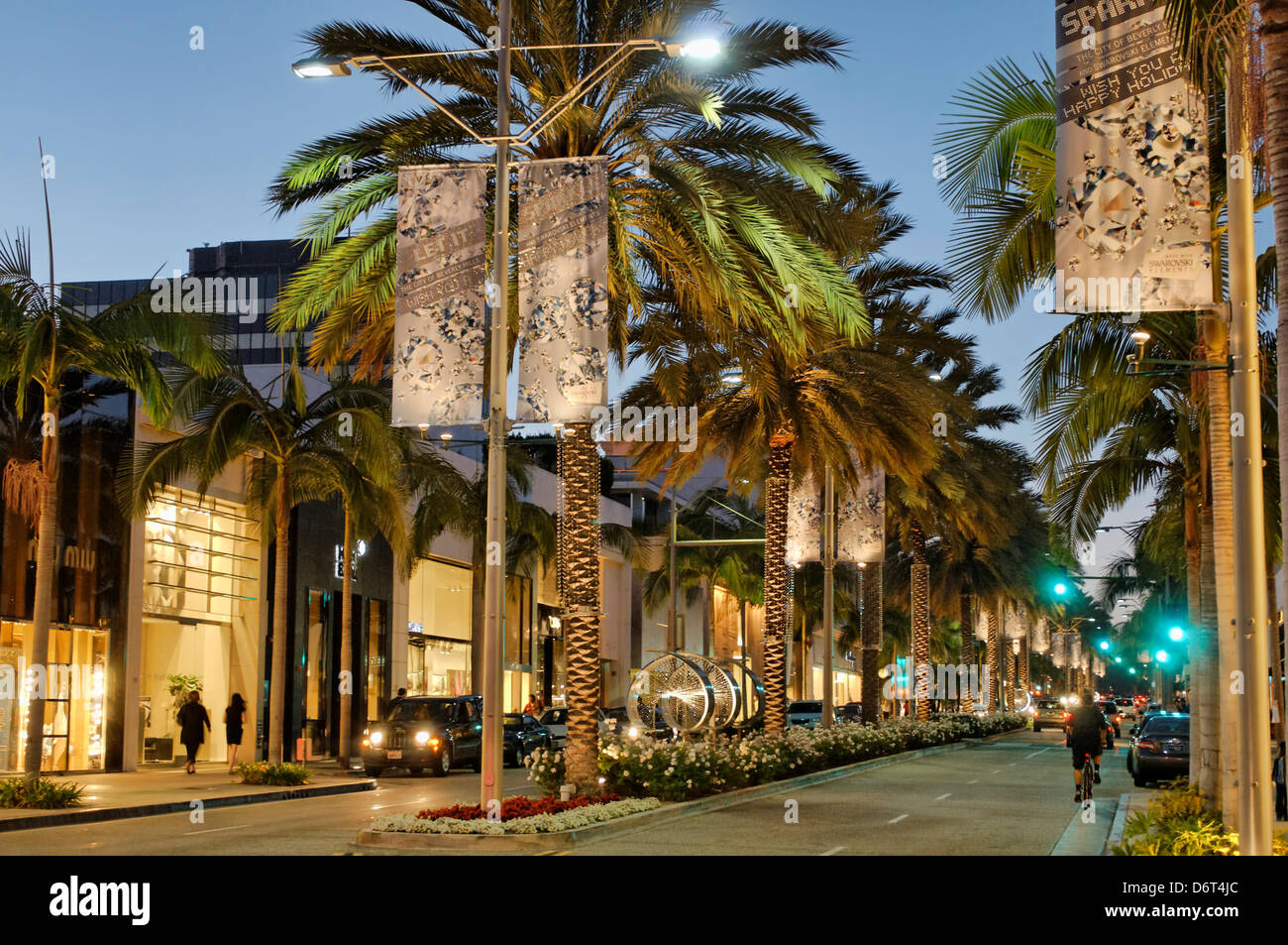USA, California, Los Angeles, North Rodeo Drive as seen at dusk during ...