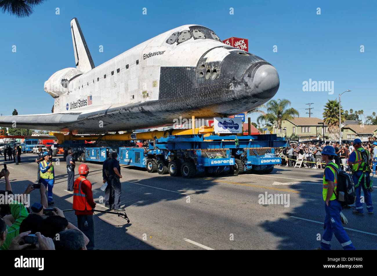 USA, California, Los Angeles, Space shuttle Endeavour being towed Stock ...