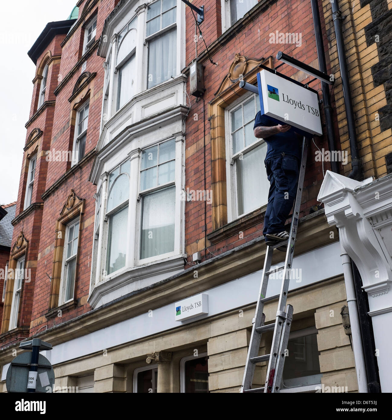 Working at height: A workman standing on a ladder replacing repairing ...