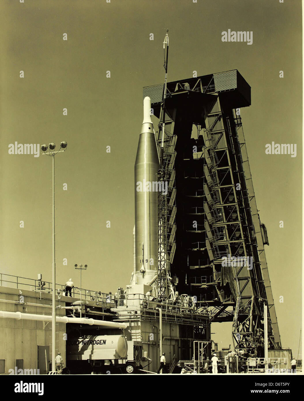 The Convair/General Dynamics Atlas missile, shown here on pad 13 in ...
