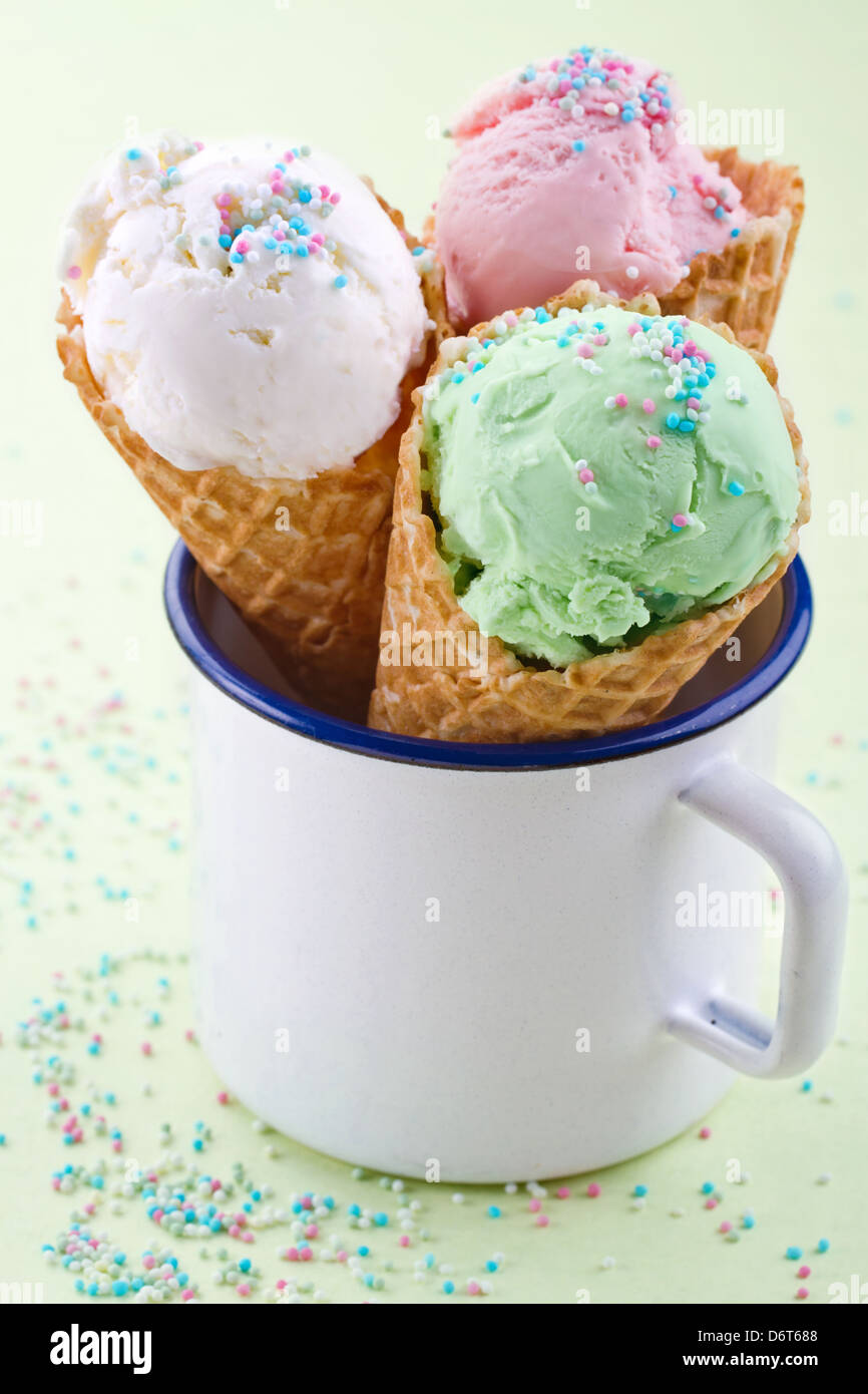 Ice cream cones in an old vintage mug on green background with ...