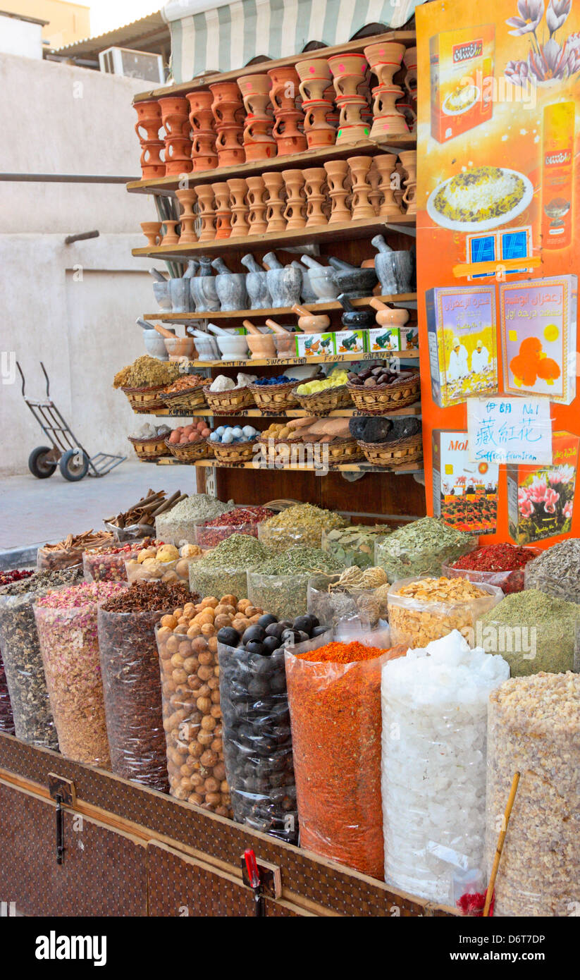 Spices on Display in a small shop at the Deira Souk, Dubai, United Arab ...