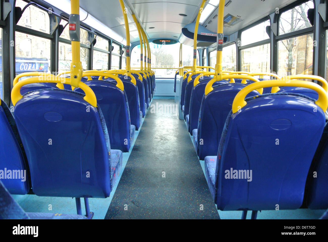London bus, empty London bus, Bus seats, Top deck bus Stock Photo - Alamy