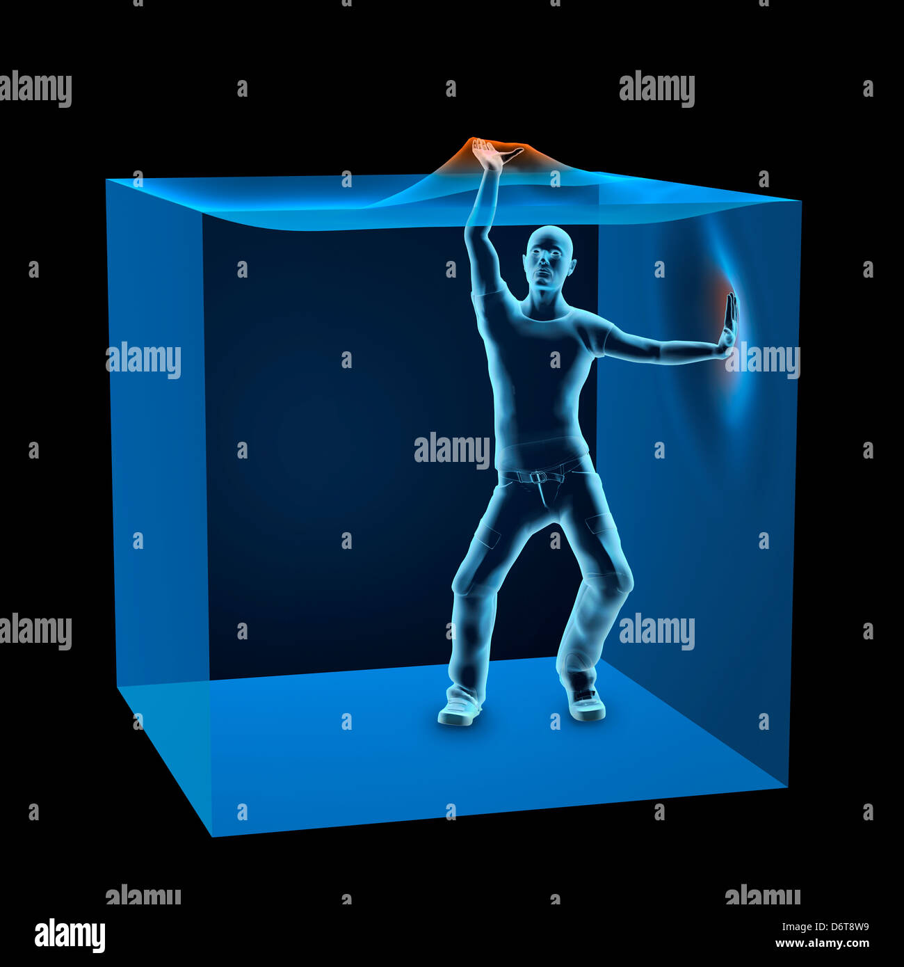 3D Computer Illustration of man trapped inside blue transparent cube ...
