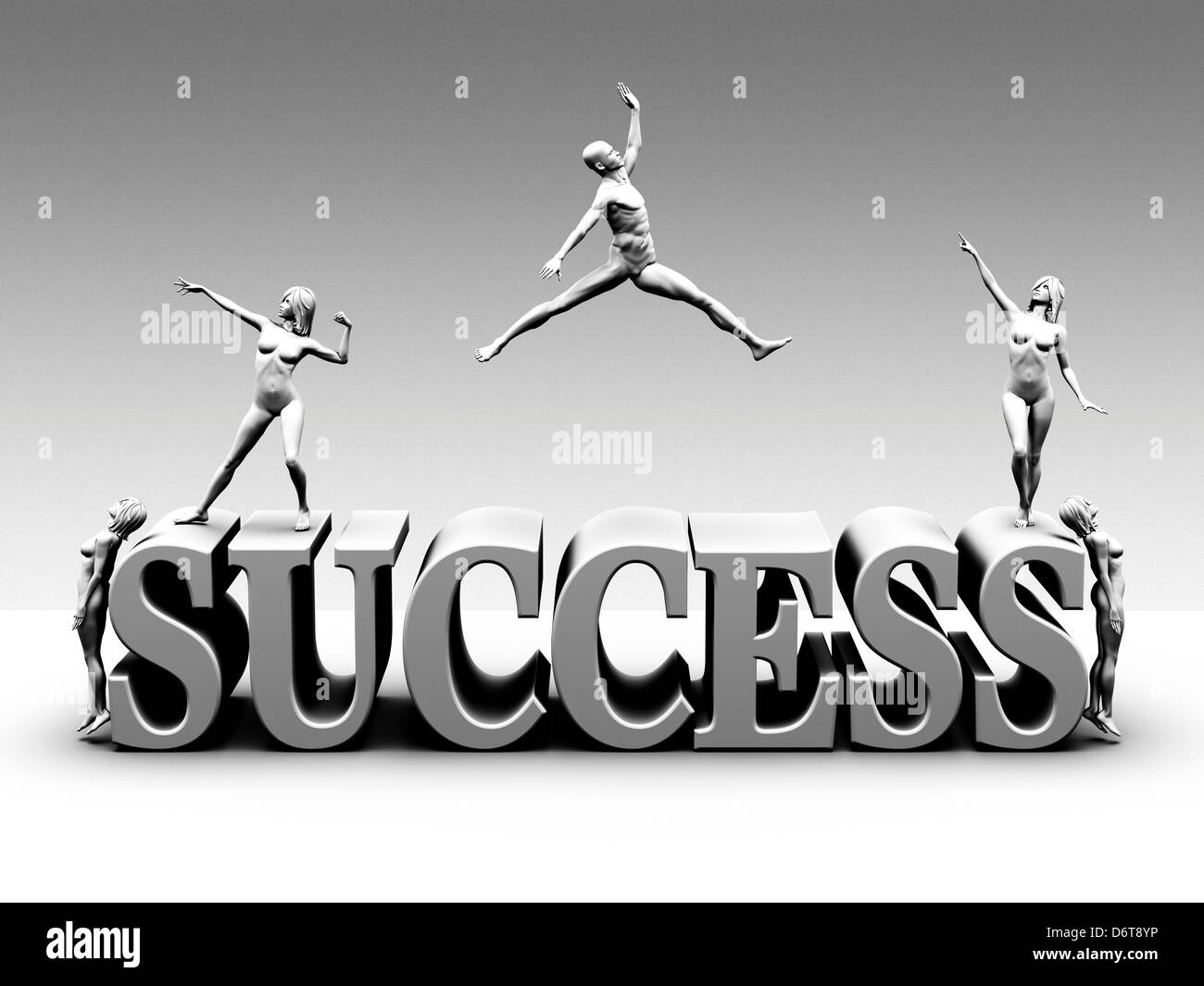 Success block lettering with five figures in white-grey monochrome ...