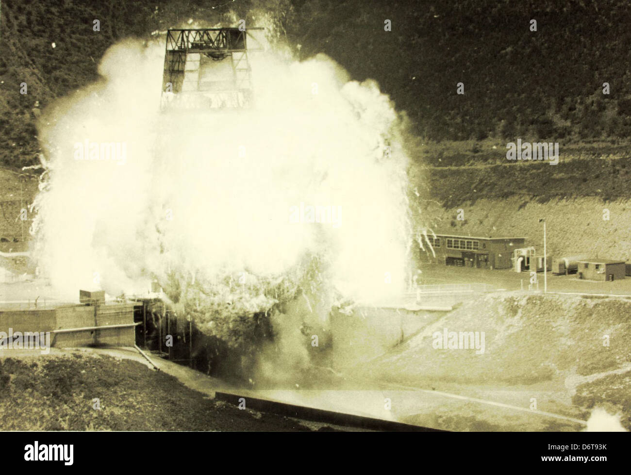 This photograph shows the Atlas missile system during rocket test ...