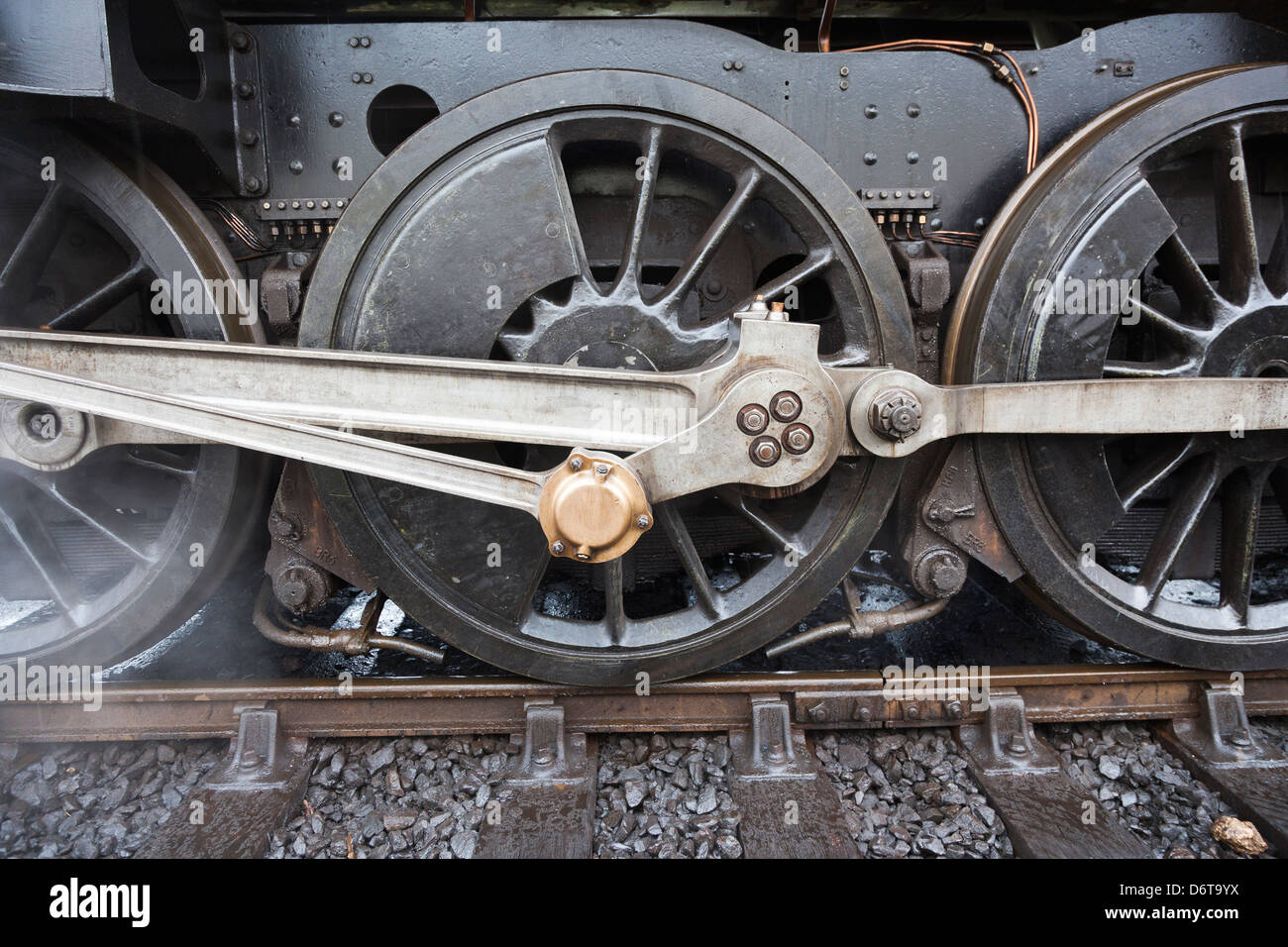 Detail from wheels of a steam train at Bluebell Railway, West Sussex ...