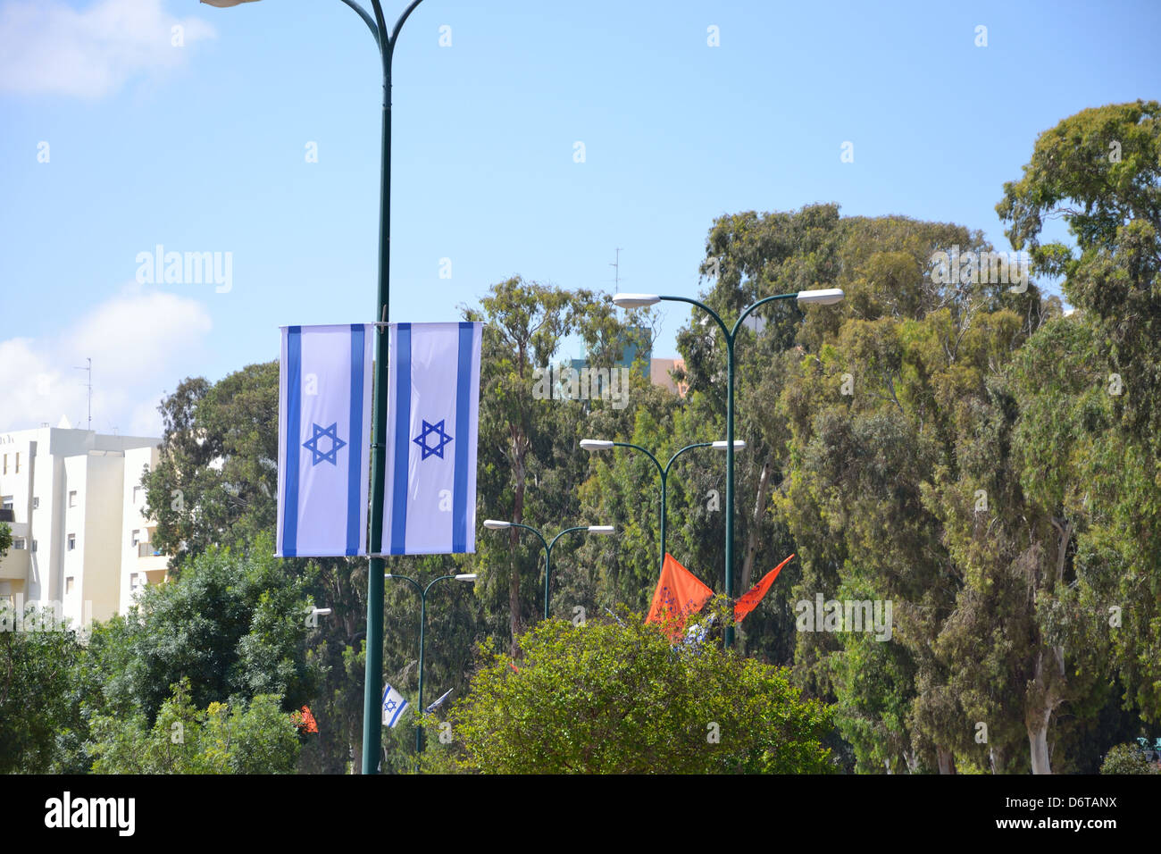 The flag of Israel hanged on a lamppost for Independence Day of Israel ...