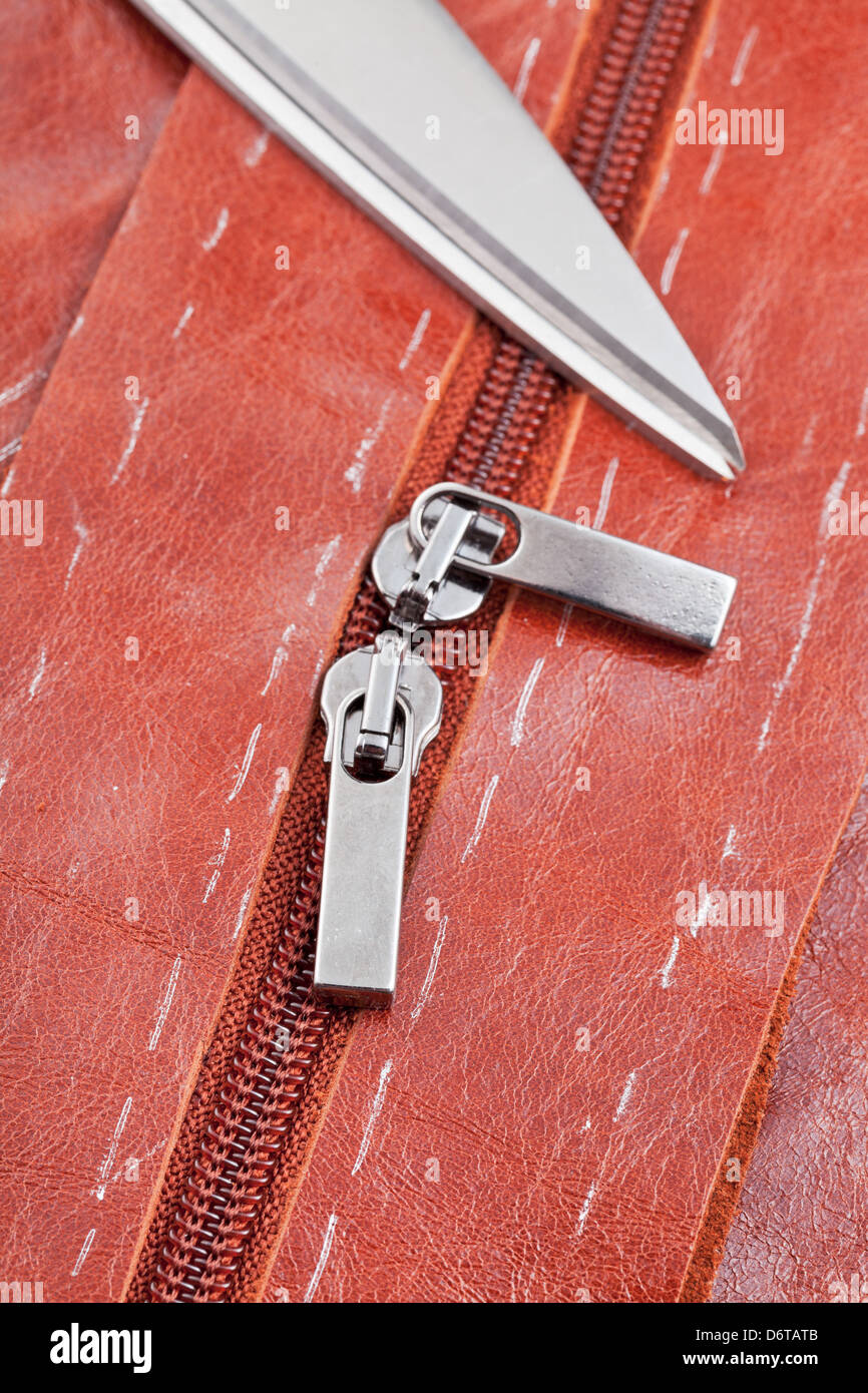 tailor shears and zip runners on details of brown leather pattern Stock ...