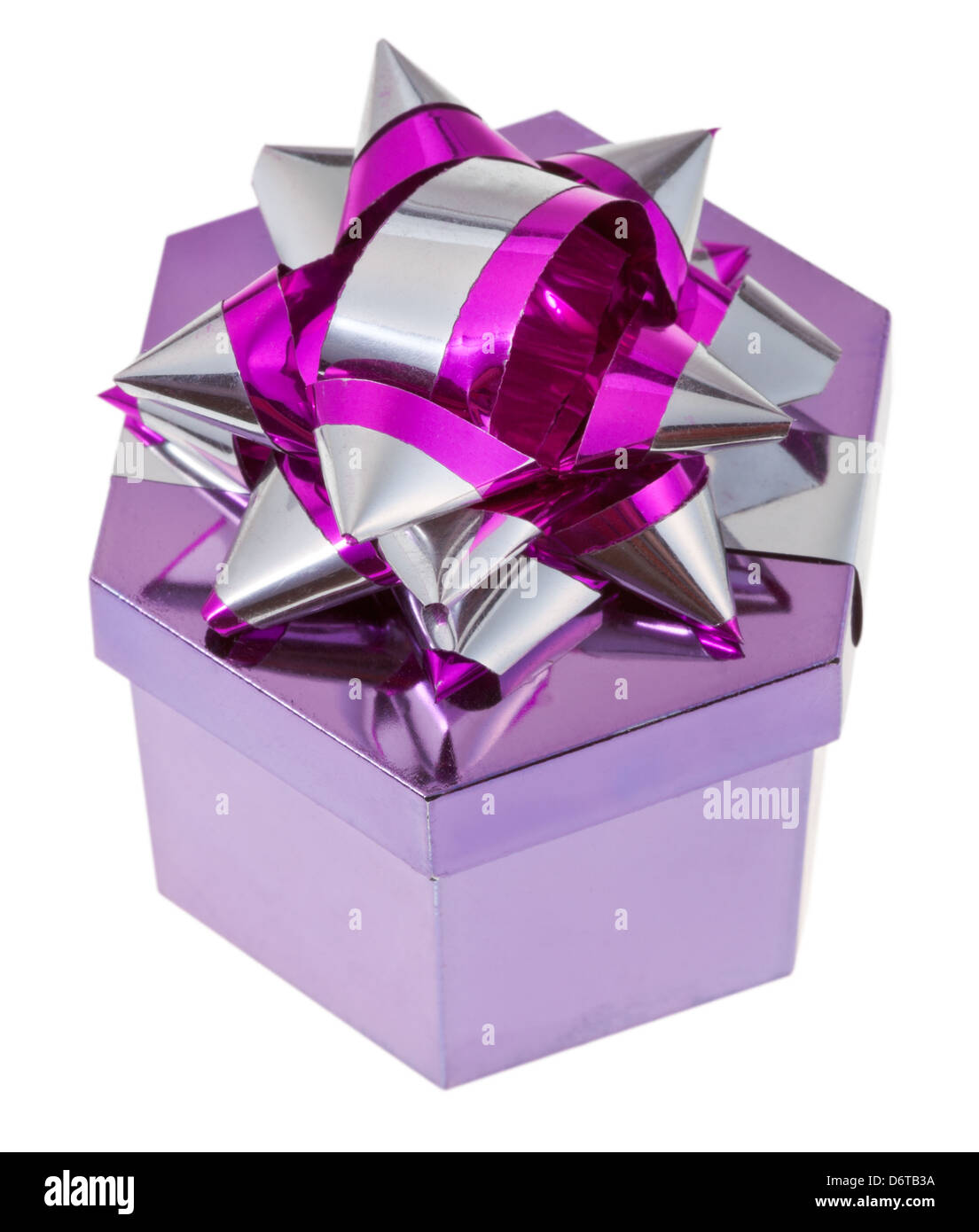 shining purple gift box with tinsel knot isolated on white background ...