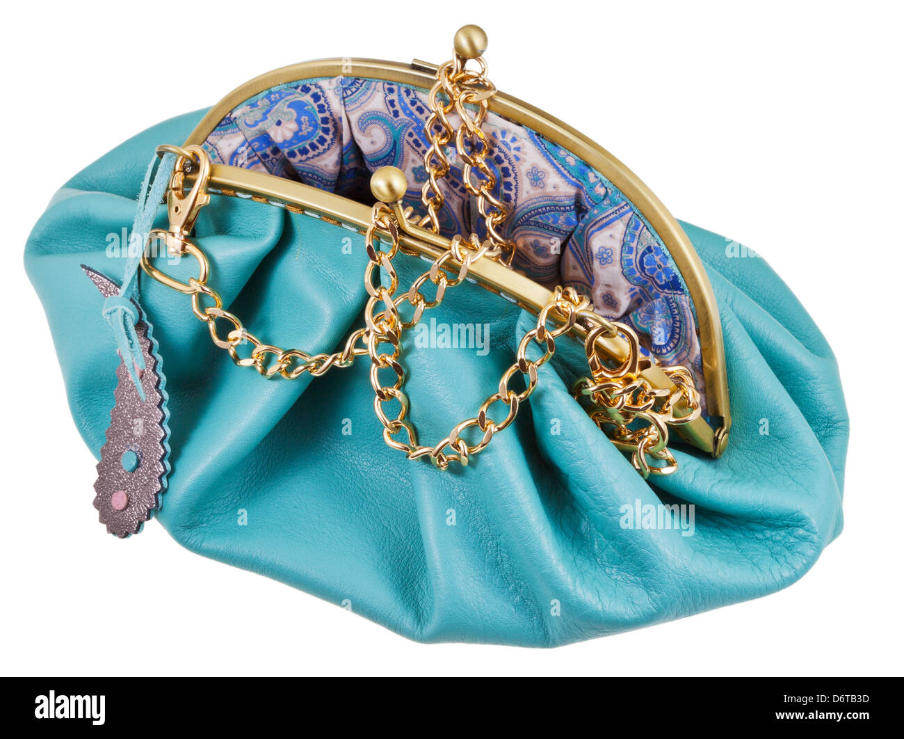 open blue leather retro style hanbag isolated on white background Stock ...