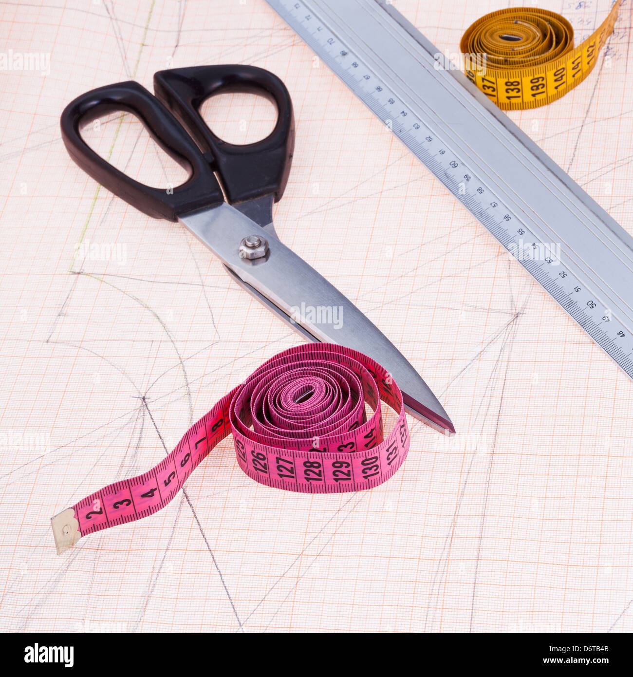 dress pattern at graph paper and tailors shears, ruler, measure tapes ...