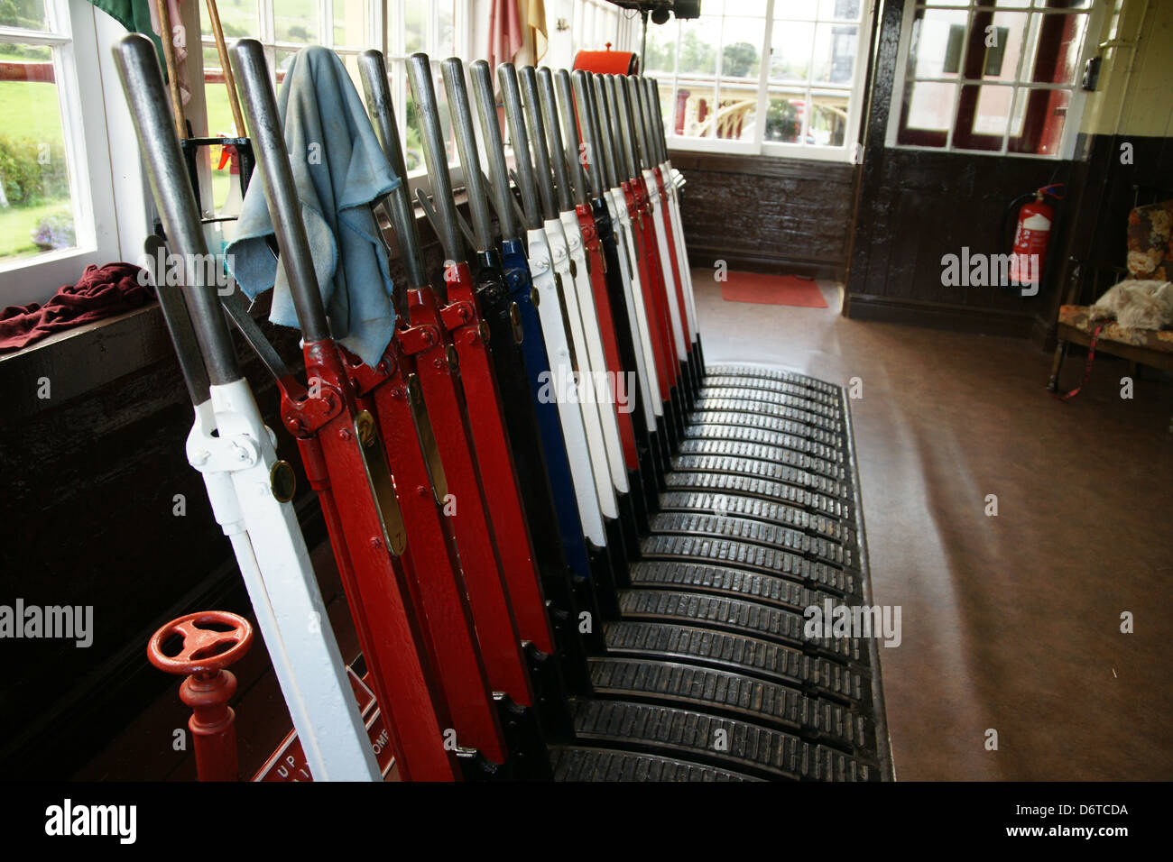 Railway signal box with actuating levers for controlling signals and ...