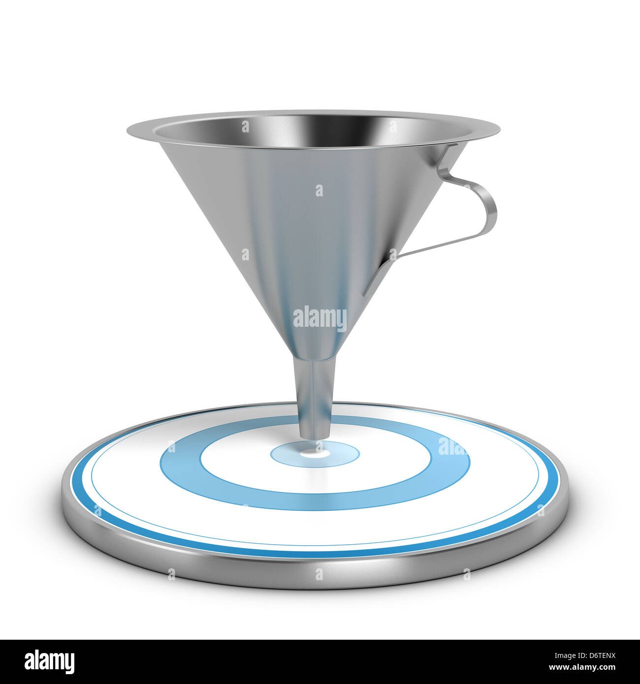 Empty metal funnel and blue target over white background, concept of ...
