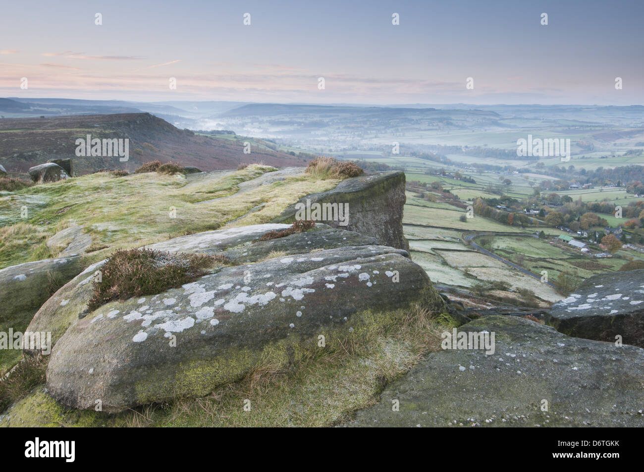 View rocks moorland across valley in frost sunrise Curbar Gap Dark Peak ...