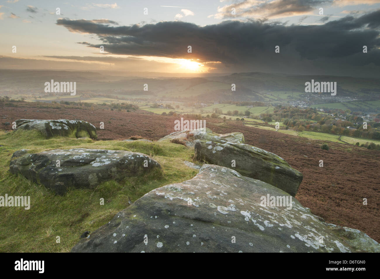 View rocks moorland habitat sunset looking from Baslow Edge towards ...