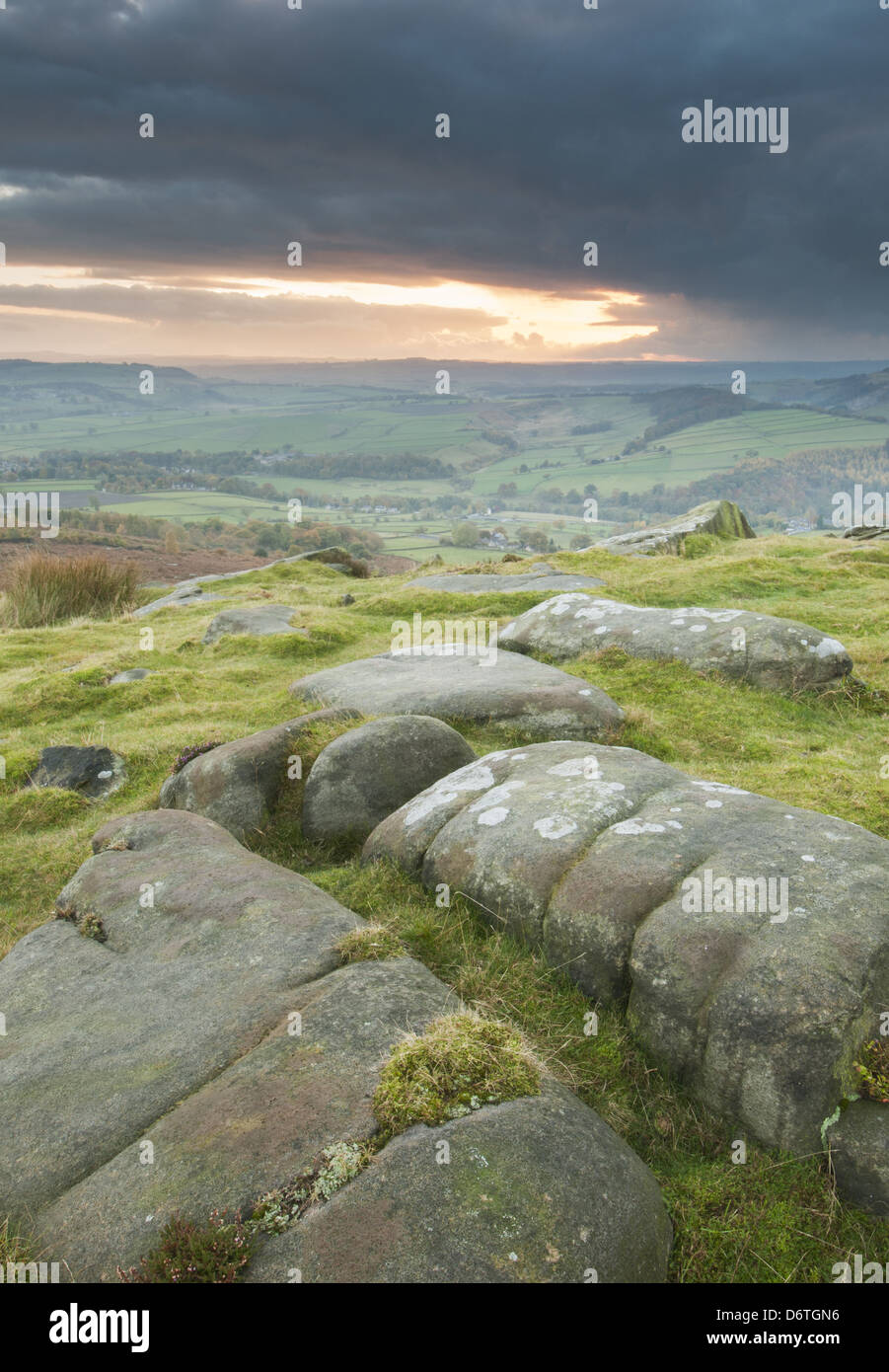 View rocks moorland habitat sunset looking from Baslow Edge towards ...