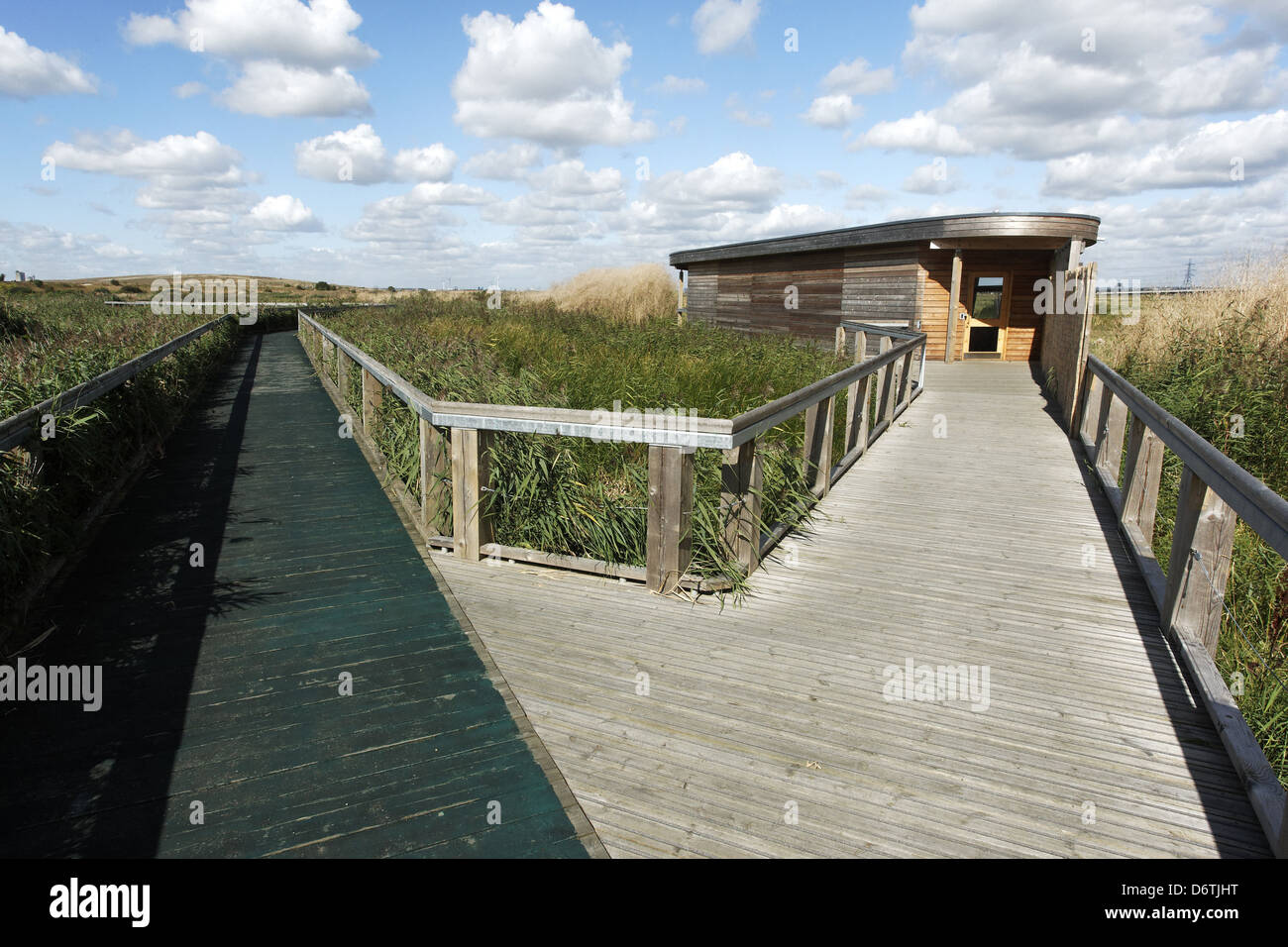 View boardwalk birdwatching hide in marshland habitat Rainham Marshes ...