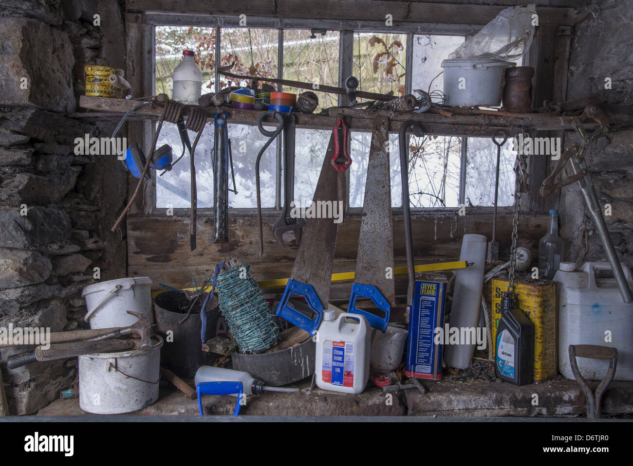 Tools and containers inside stone barn on farm, Braesteads Farm ...