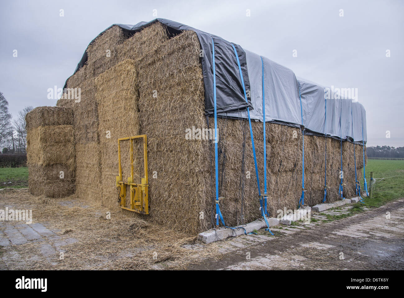 Covered big bale straw stack, Cheshire, England, January Stock Photo ...