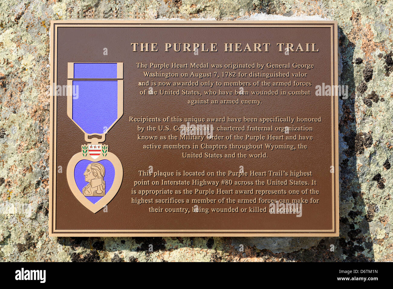 USA, Wyoming, Laramie, Purple Heart Trail plaque at Lincoln Monument ...