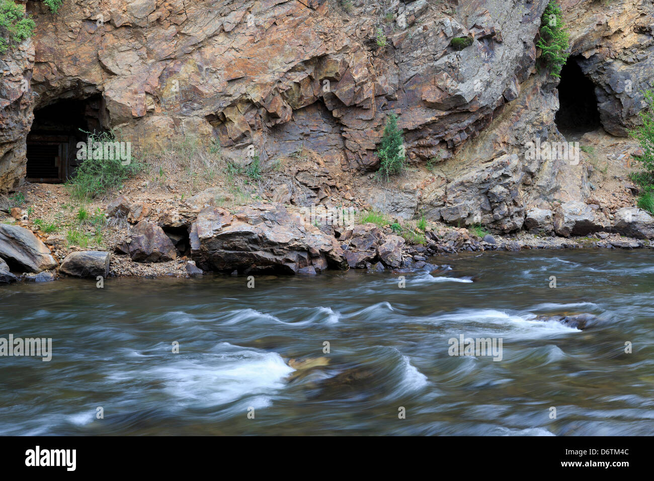 USA, Colorado, Idaho Springs, Old mine shafts on Clear Creek Stock ...