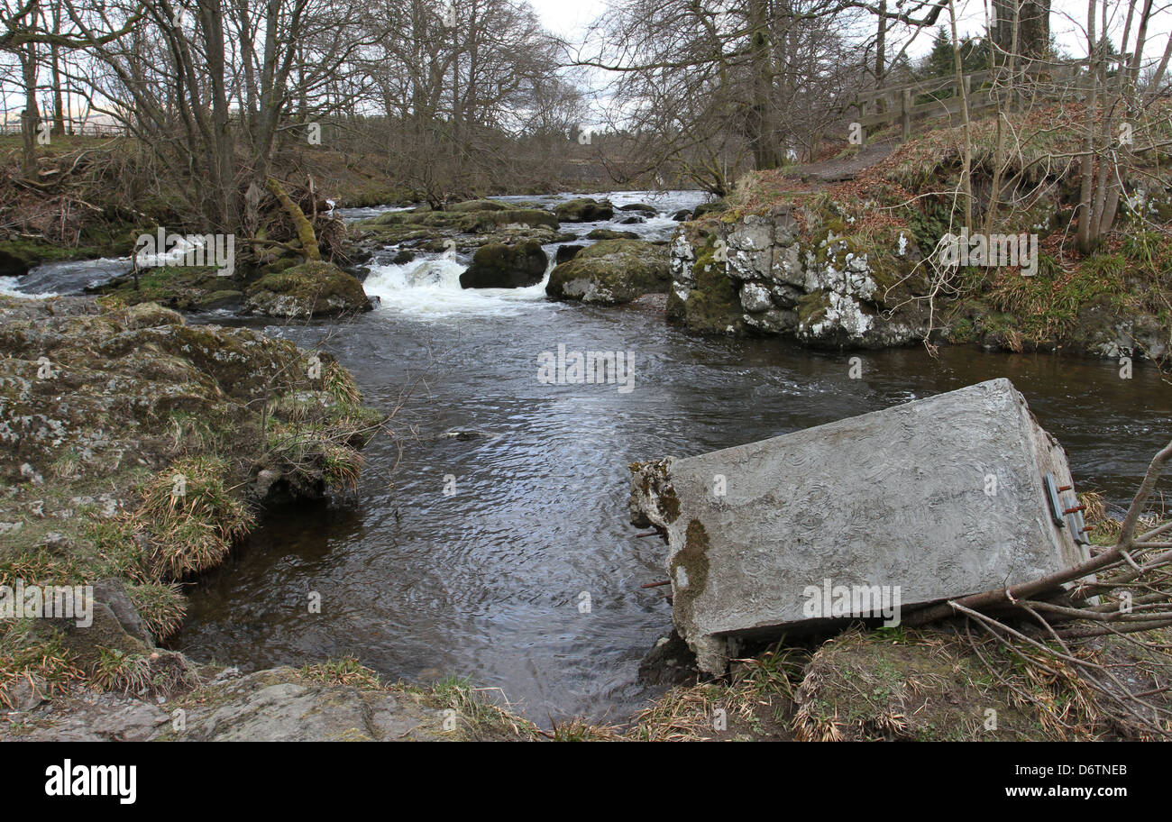 Washed out bridge over River Devon near Rumbling Bridge Scotland April ...