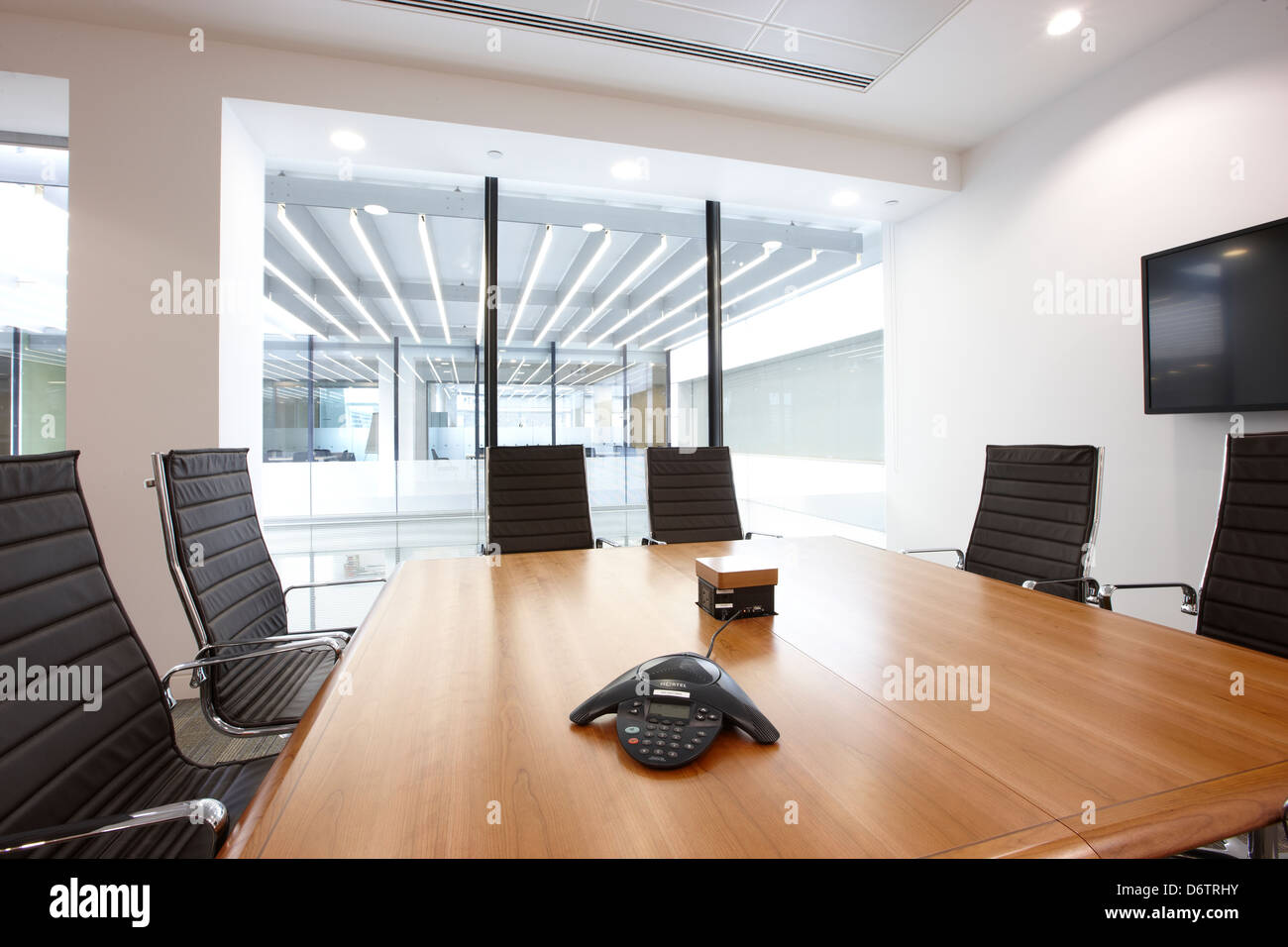 conference room table wood screen voice link Stock Photo - Alamy