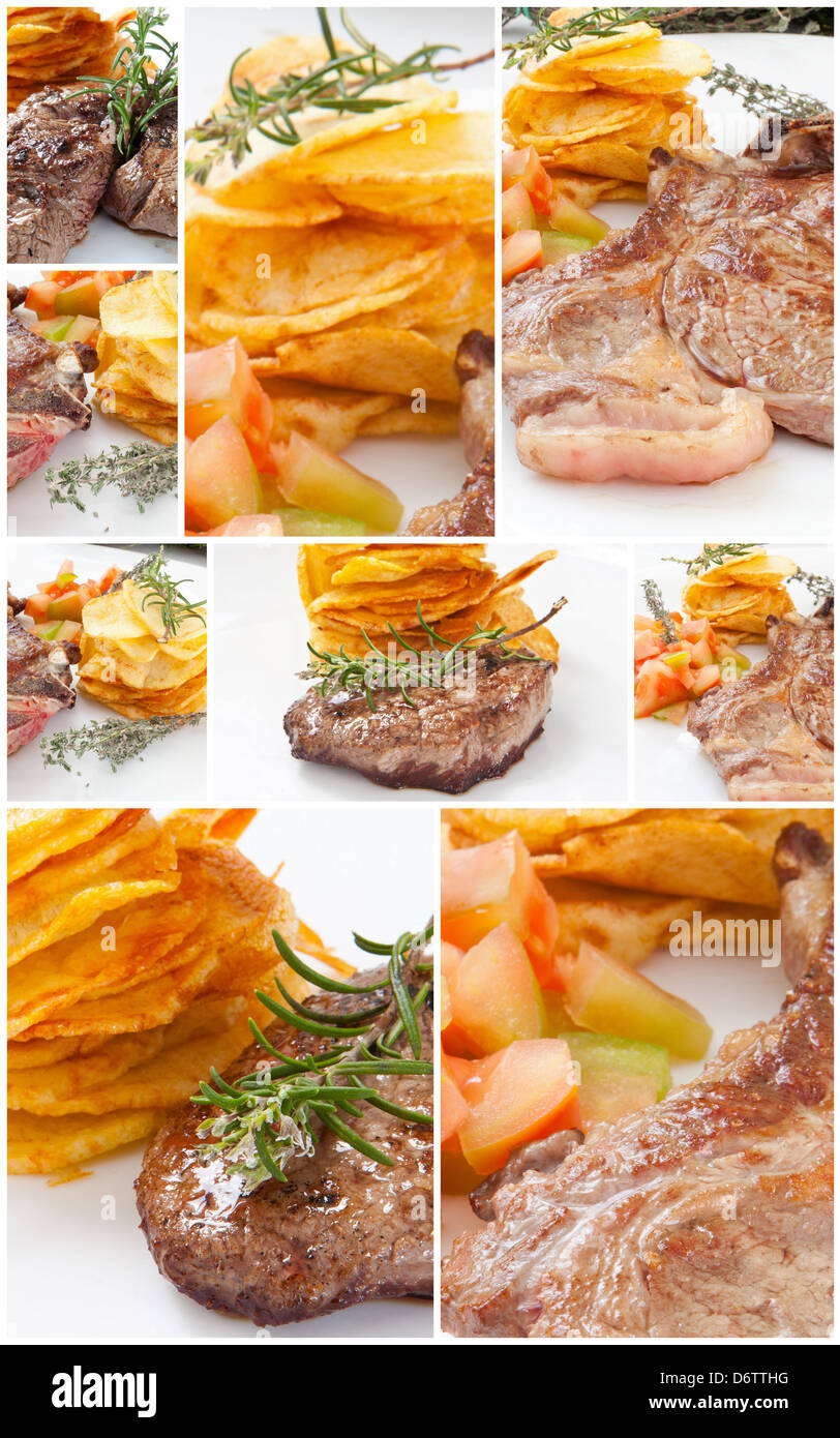collage composition of different types of meat with fried Stock Photo ...