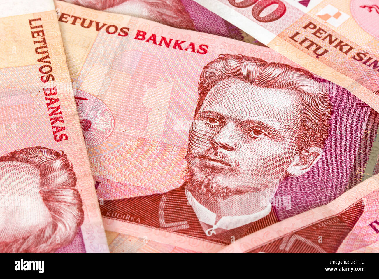 Lithuanian currency background. Close-up image of five hundred litas ...