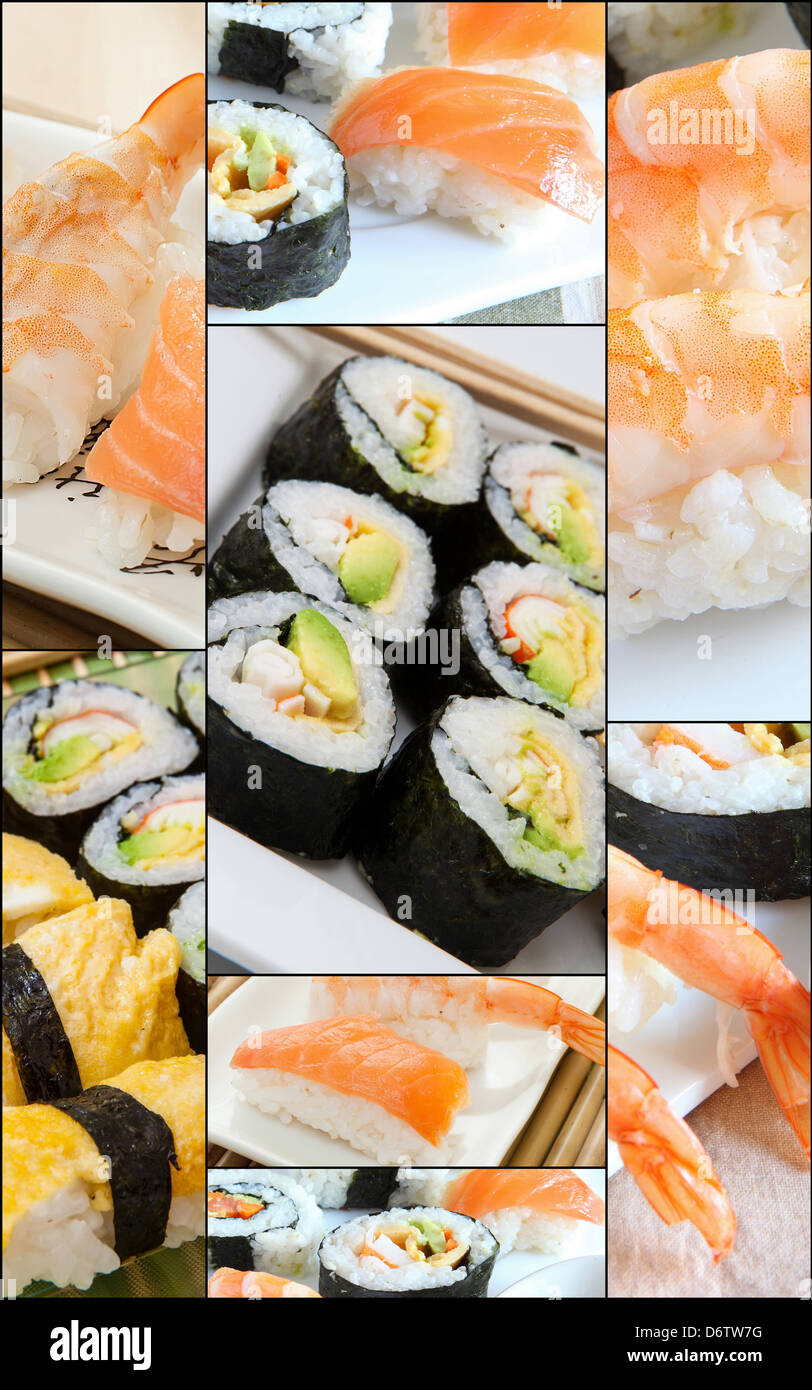assorted sushi collage on white tray with chopstick Stock Photo - Alamy