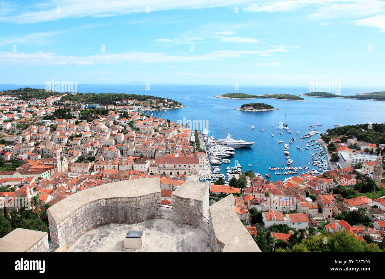 High angle view of a city at the waterfront, Hvar, Split-Dalmatia ...